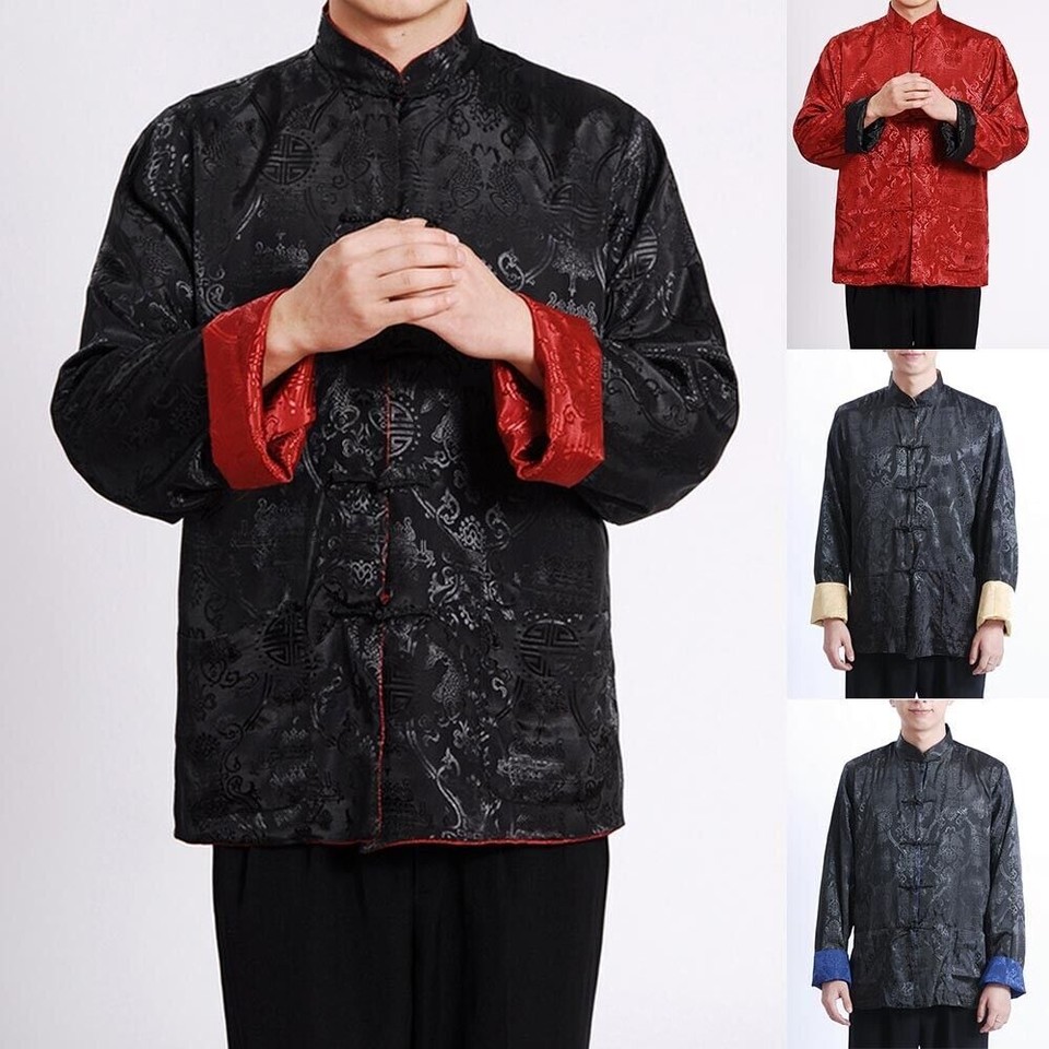 Men Tang Suit Top Silk Print Jacket/Coat Reversible Traditional Chinese ...