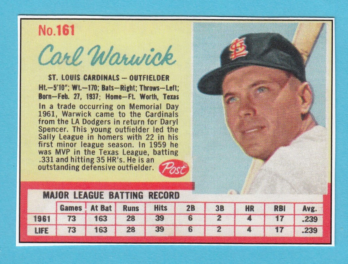 2022-1962 Cereal Card - #161 Carl Warwick-St Louis Cardinals | eBay