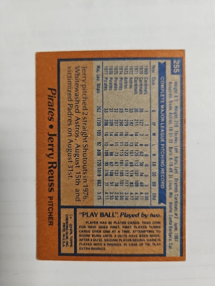 1978 Topps Baseball #255 Jerry Reuss Vintage Pittsburgh Pirates Trading ...
