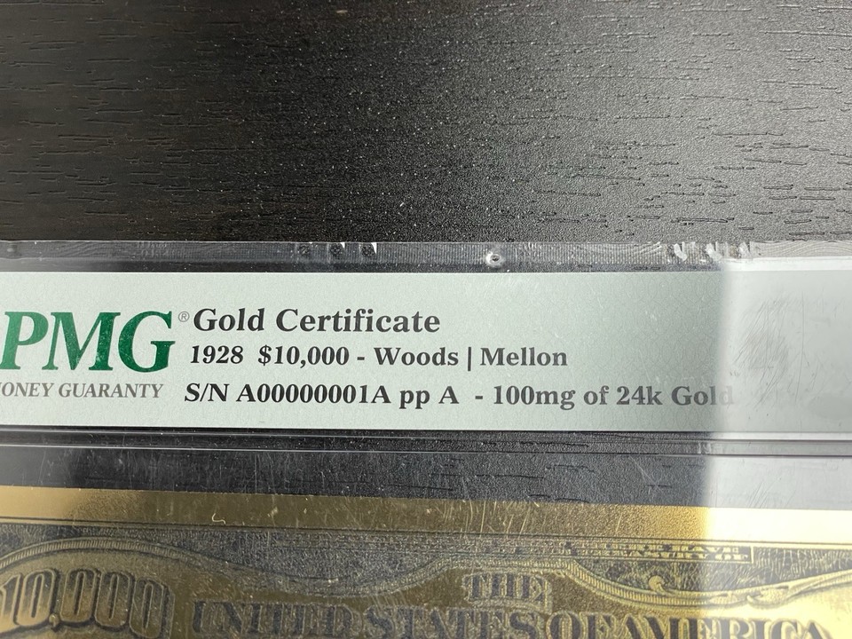 1928 $10,000 100mg 24K Gold Commemorative Gold Certificate Note PMG GEM ...