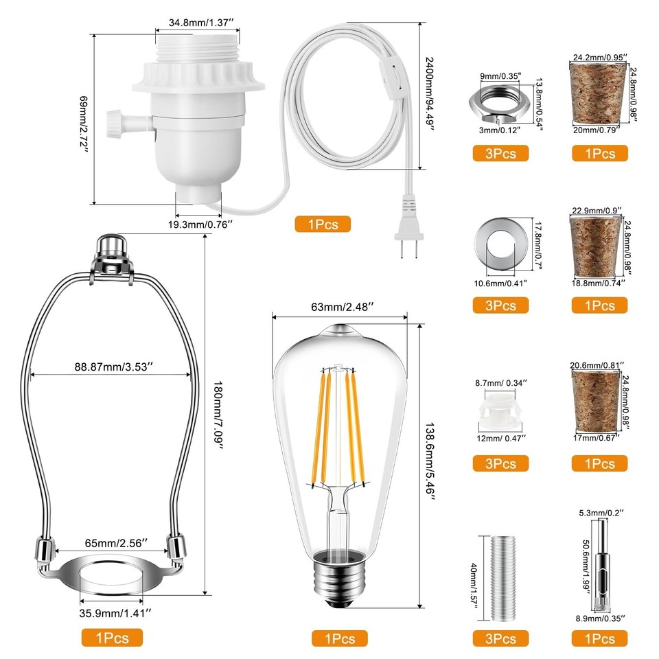 DIY Bottle Lamp Wiring Kit - Includes Bulb, 3-Way Socket, Electric Cord ...