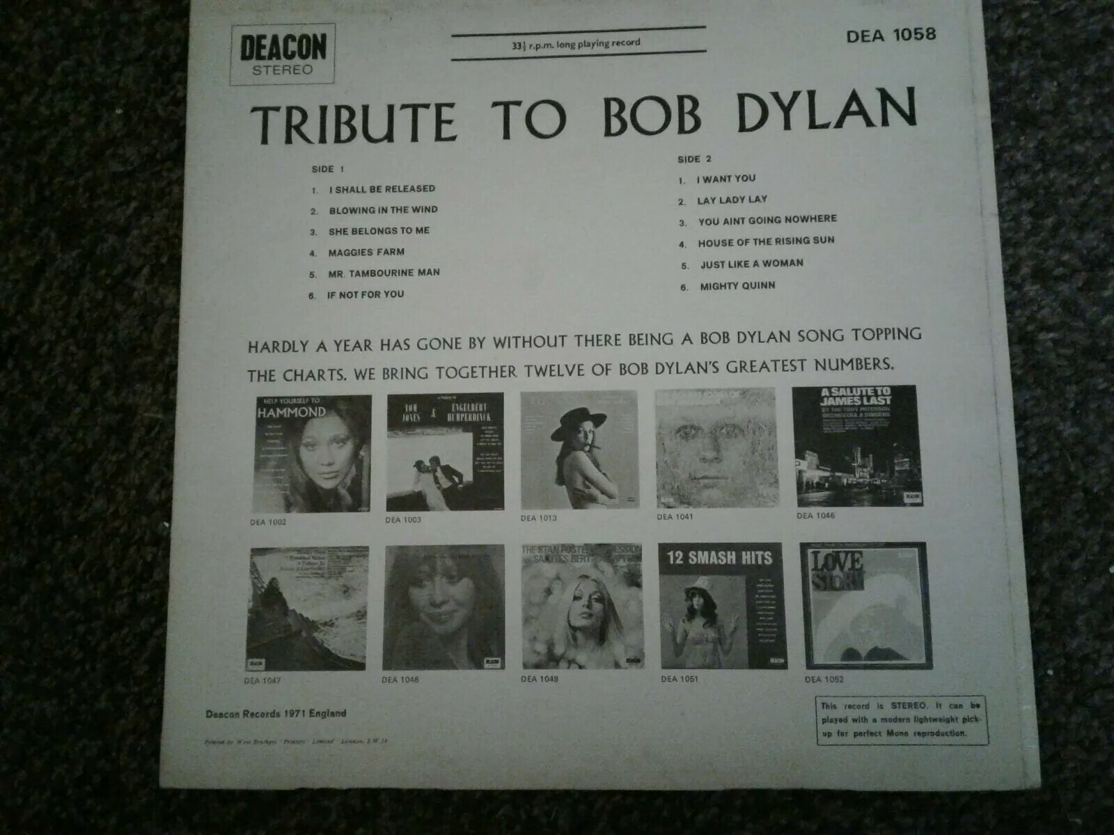 TRIBUTE TO BOB DYLAN - 1971 DEACON RECORDS - NR. MINT | eBay UK