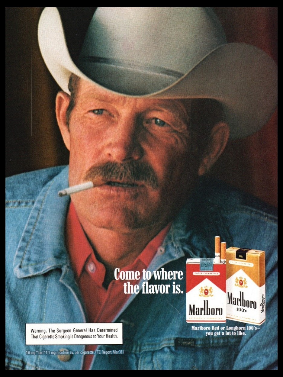 1982 Marlboro Reds-cigarette print ad-mini poster-Cowboy hat, man ...