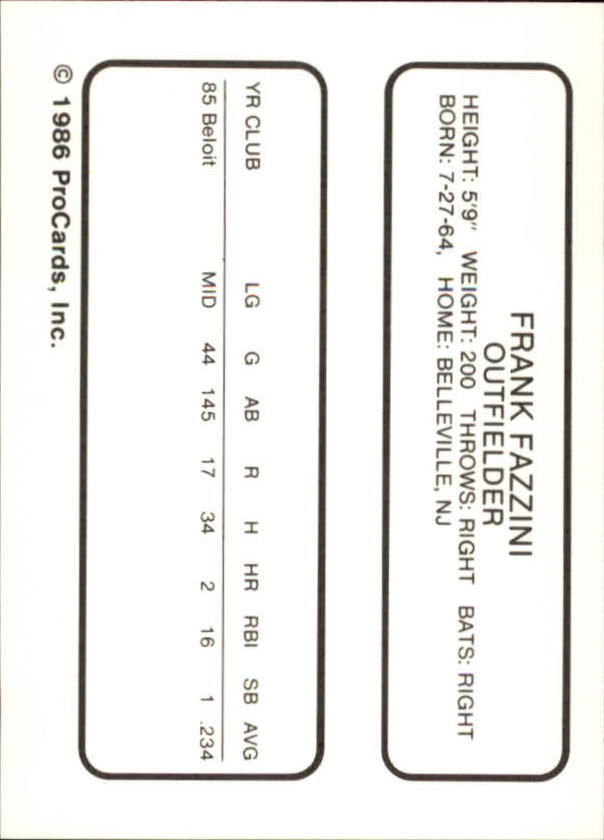 1986 Beloit Brewers Frank Fazzini Belleville New Jersey NJ Baseball ...