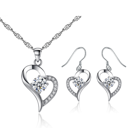 925 Sterling Silver Cubic Zirconia Heart Pendant Necklace Drop Earrings ...