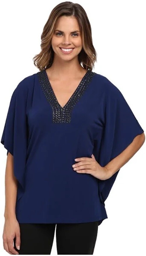 MICHAEL KORS Iris Embellished Neck Drape Tunic V-Neckline Top (MEDIUM ...