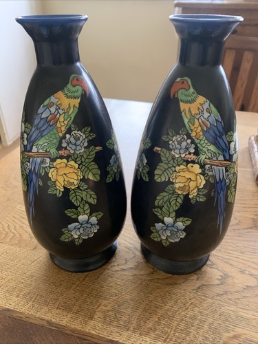 Pair Antique Devon Ware Fieldings Black Cobalt Parrot Vase Vintage 9 1/ ...