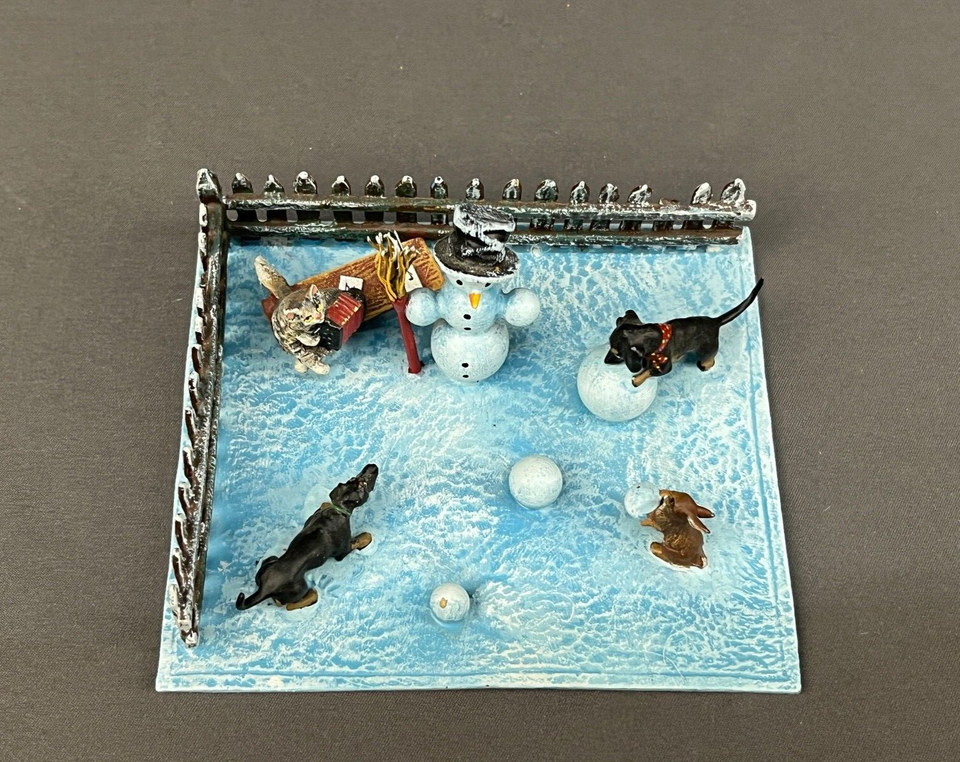 Cold Painted Bronze Diorama Miniature Winter Scene Snowman and Animals ...