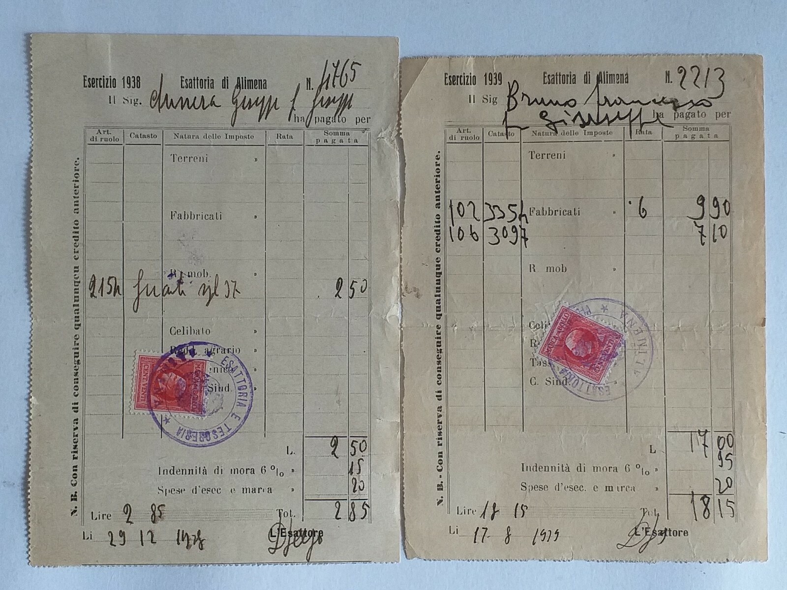 postal history - lot of 6 receipts municipal tax office of alimena with ...