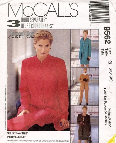 1990's McCall's Misses' Jacket,Pants,Skirt,Top Pattern 9562 Size 20-24 ...
