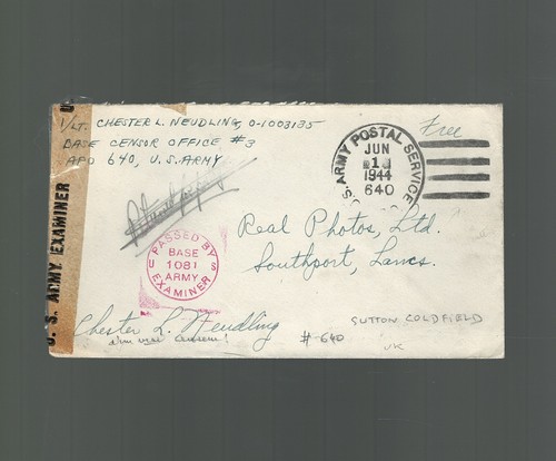 1944 WW2 Cover Sutton Coldfield England to Southport Lancashire US Army ...