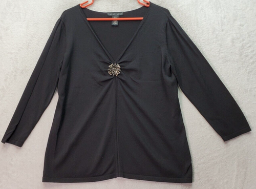 Apostrophe Blouse Top Women's Size XL Black Rayon Gem Brooch Long ...