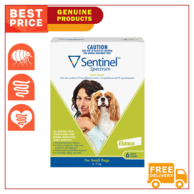 SENTINEL SPECTRUM 6 Chews for Dogs 4 to 11 Kg GREEN Flea Heartworm Worm ...