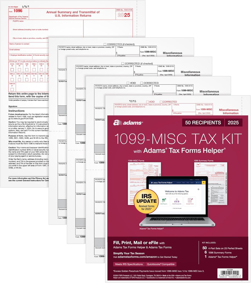 1099 MISC Forms 2025, 4-Part Kit for 50 Recipients, Inkjet/Laser ...