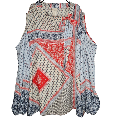 Chicos Women’s Tie Neck Cold Shoulder Top Patriotic Flowy Boho Peasant ...