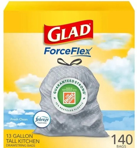 Glad ForceFlex 13 Gal. Tall Kitchen Drawstring Fresh Clean Scent with ...
