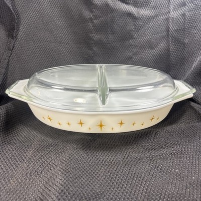 Pyrex Constellation Atomic Starburst Gold Divided Casserole Dish 1.5 qt ...