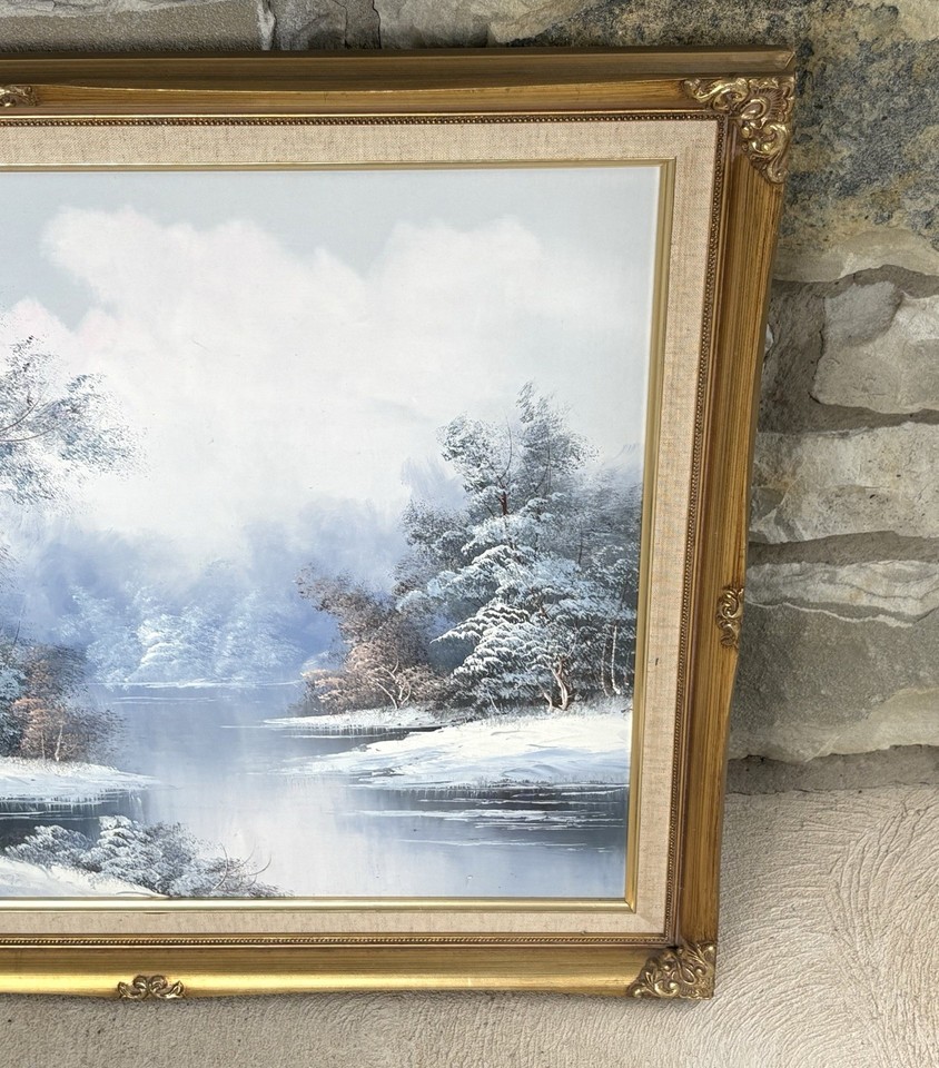 VTG Hanrey Landscape Oil Painting Snowy Stream Framed Gold Gilt Carved ...
