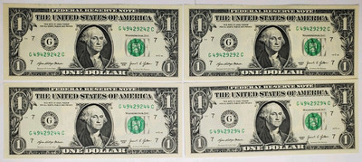 Four Trinary $1 One Dollar Bills Fancy Serial Number Same Three Numbers ...