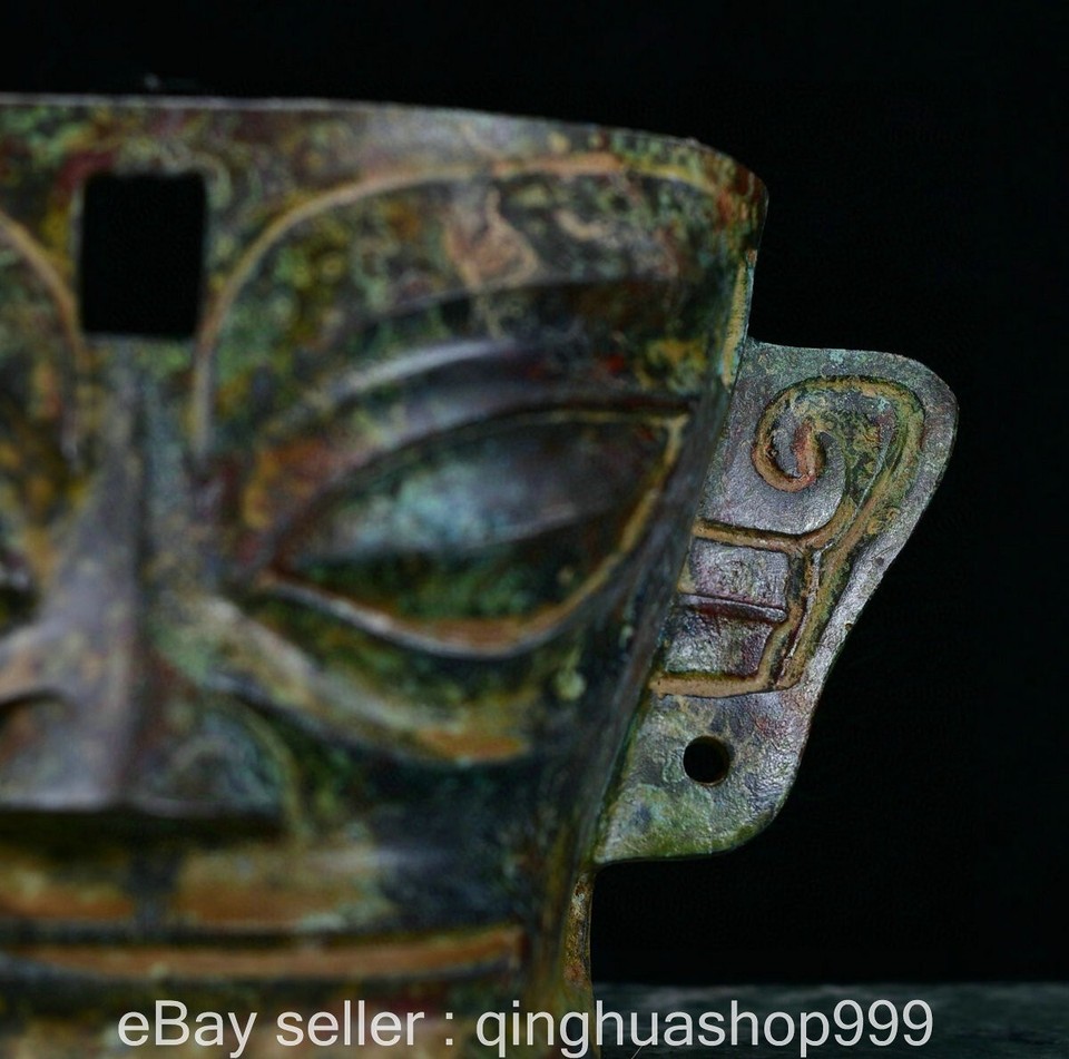 8" Chinese dynasty Bronze Ware 3 star pile Human face mask Sculpture ...