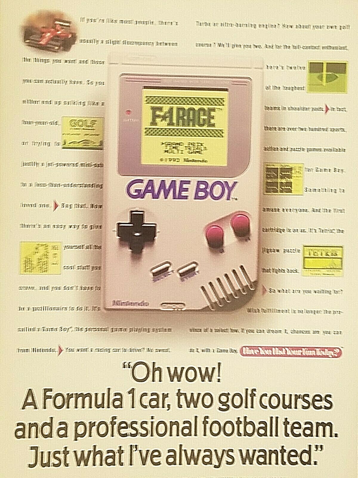 1992 NINTENDO GAMEBOY Magazine Ad (Just What I've Always Wanted, F-1 ...