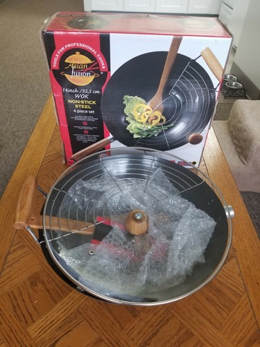 Po. Asian Fusion 14” Wok Non-Stick Steel 4 Piece Set Tempura Rack ...