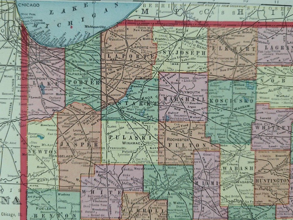 Vintage 1903 INDIANA Map 14"x22" ~ Old Antique Original LAFAYETTE GARY ...
