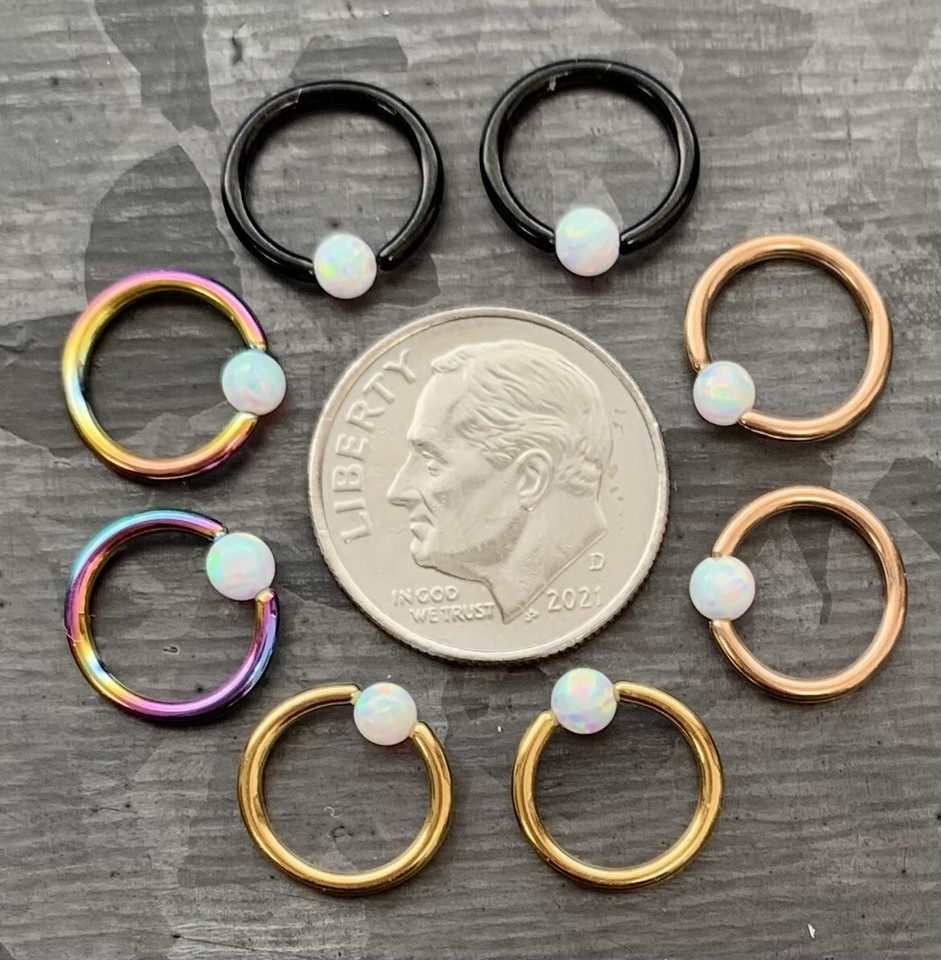 PAIR Synthetic Opal Ball Ion Plated Captive Bead Rings Body Jewelry 16g ...