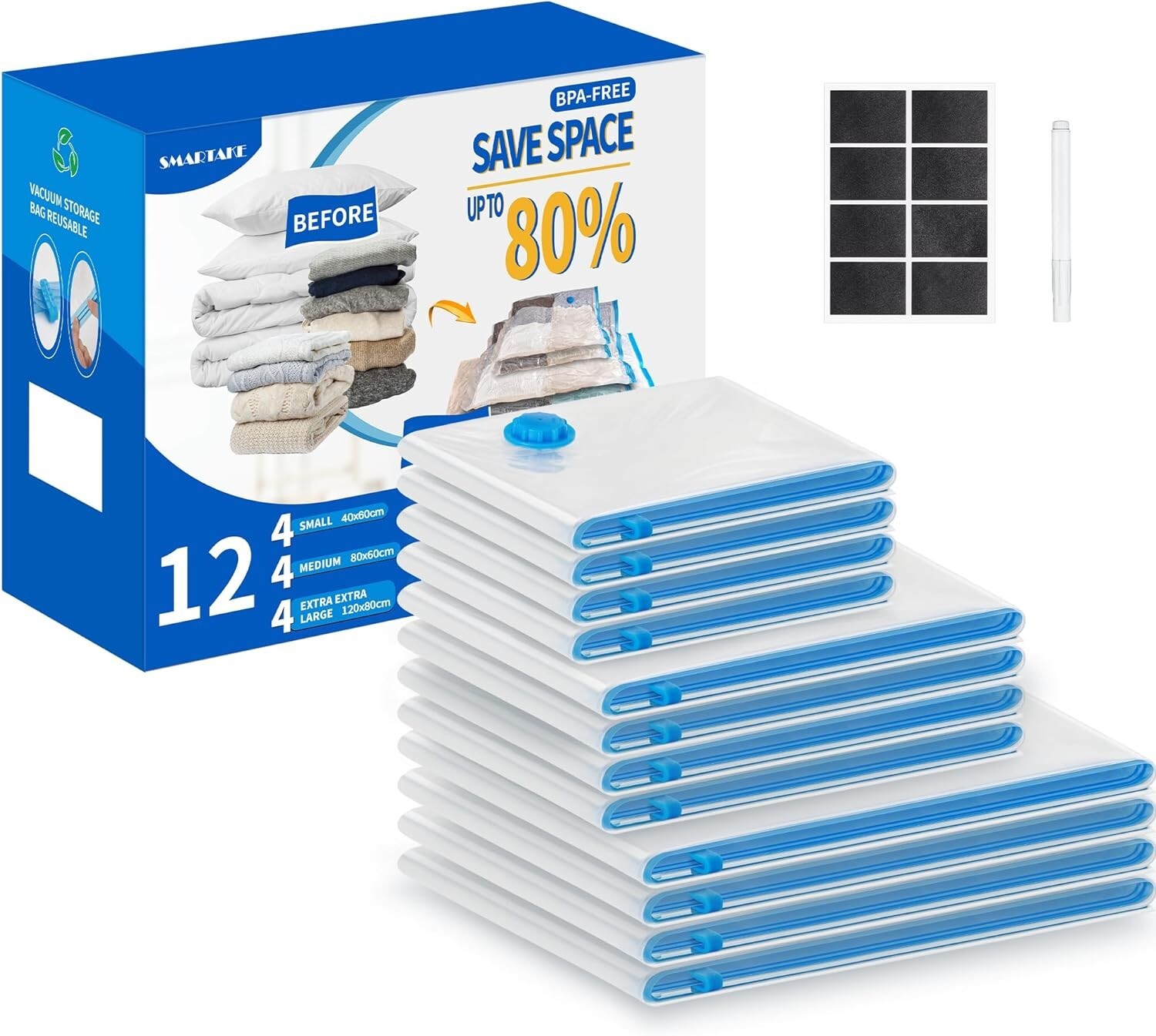 12 Pack Vacuum Storage Bags, Reusable Space Saver Bags with Sticker and ...