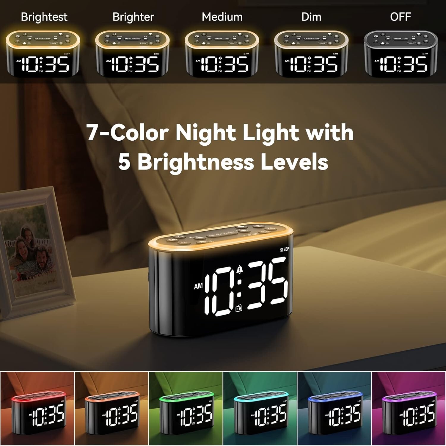 Loud Alarm Clock FM Radio Heavy Sleepers 7 Color Night Light USB ...