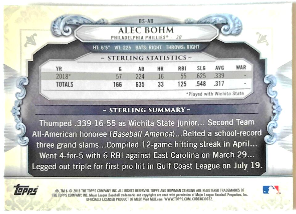 Alec Bohn 2018 Bowman Sterling Foil #BS-AB - Philadelphia Phillies | eBay