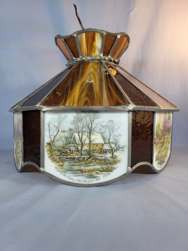 Vintage Tiffany Style Stained Glass Lamp Currier & Ives Brown Hanging ...