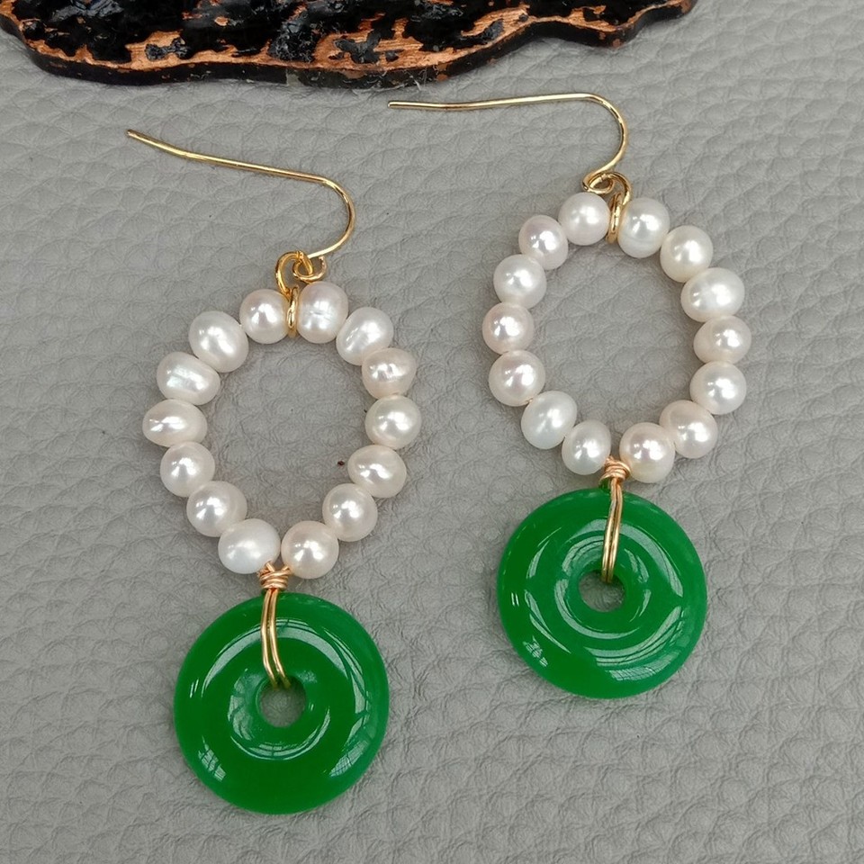 Freshwater Cultured White Pearl Green Jade Ring Green Jade Earrings ...