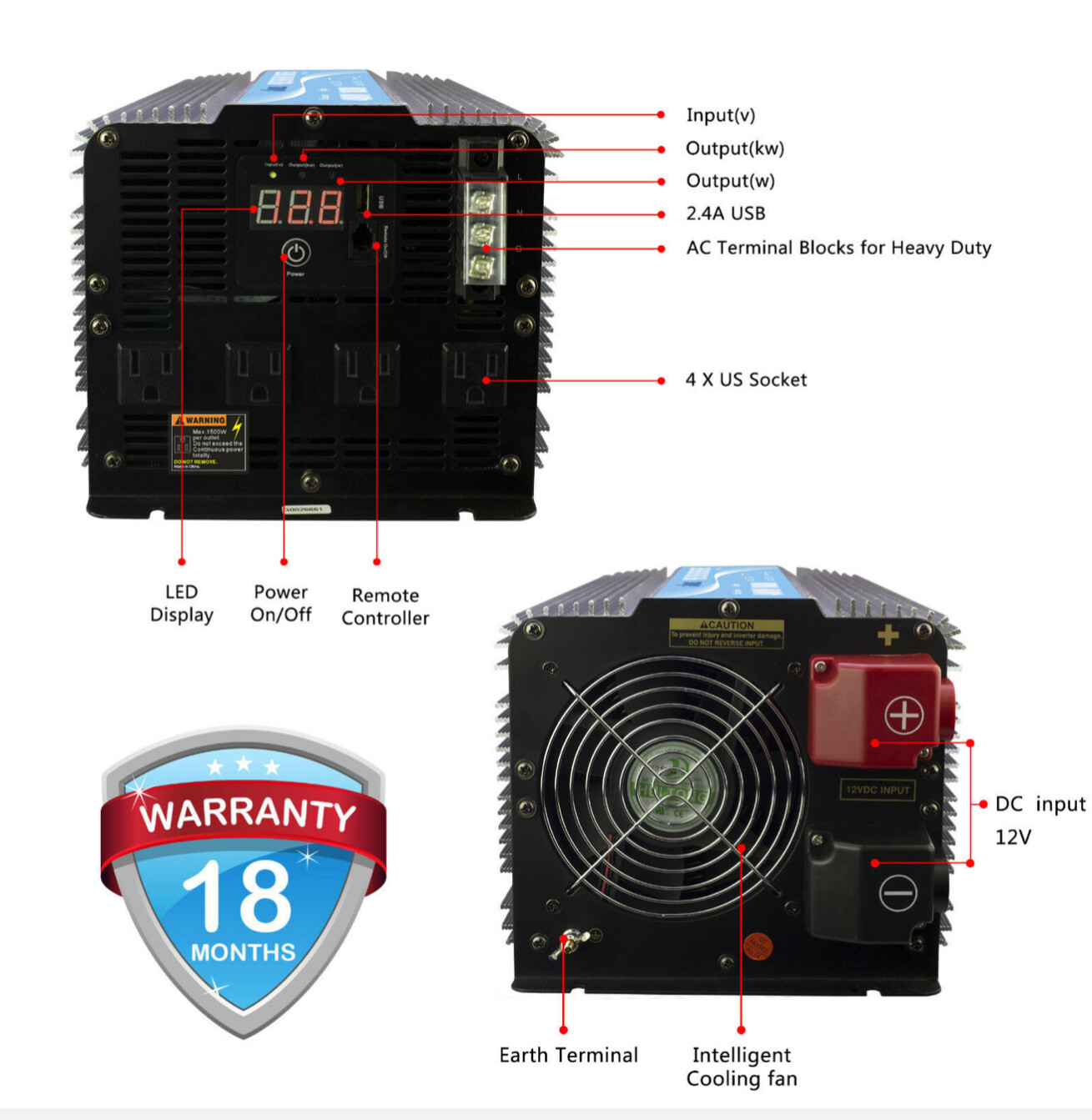 GIANDEL 4000W Heavy Duty Pure Sine Wave Power Inverter - (PS-4000QAR ...