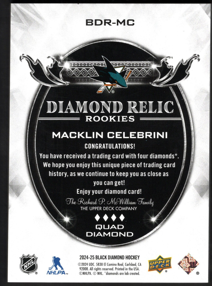 MACKLIN CELEBRINI 2024-25 Black Diamond Relic Rookie Quad #96/99 San ...