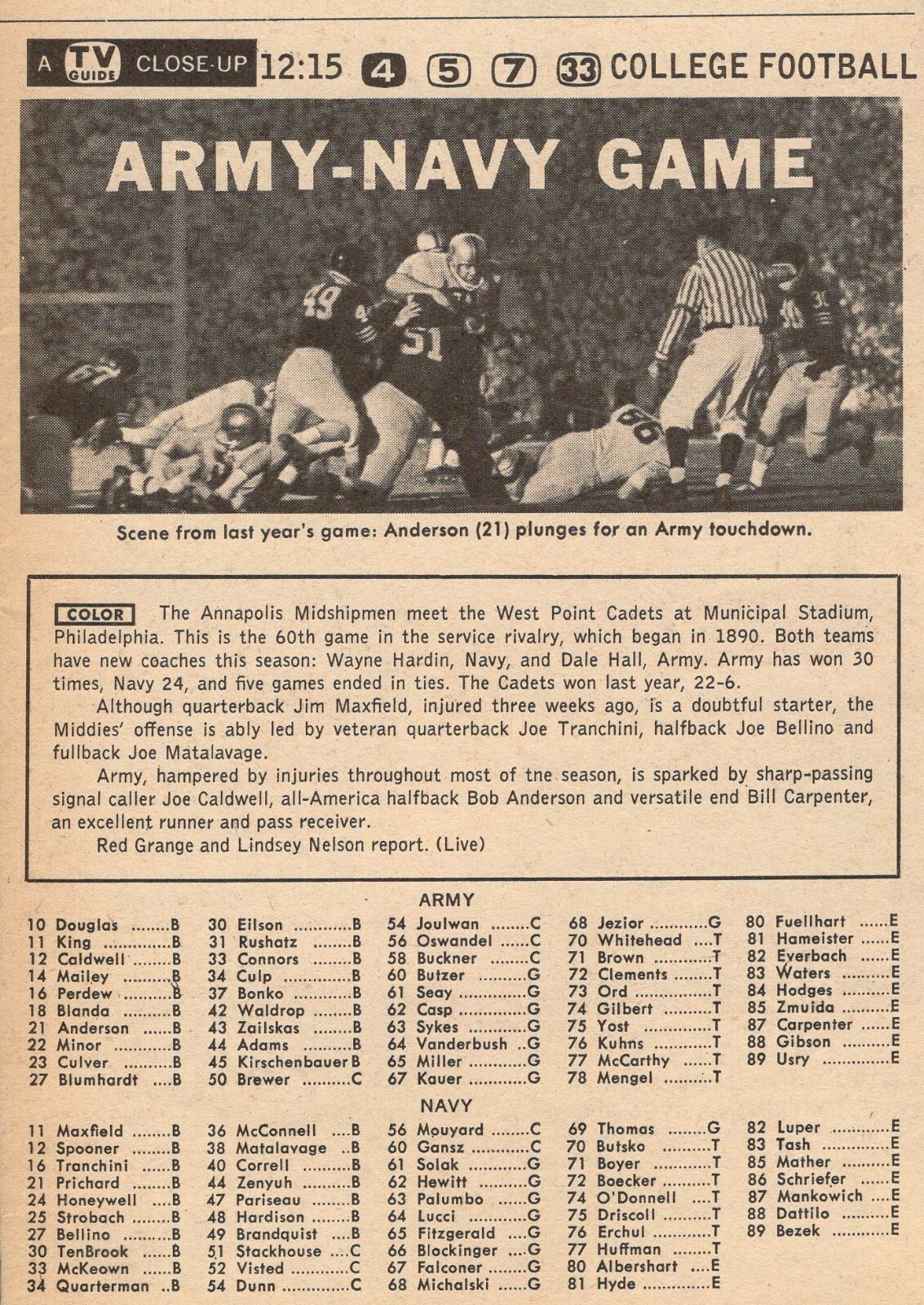 1959 COLLEGE FOOTBALL TV AD ARMY VS NAVY BOB ANDERSON JOE BELLINO JOE ...