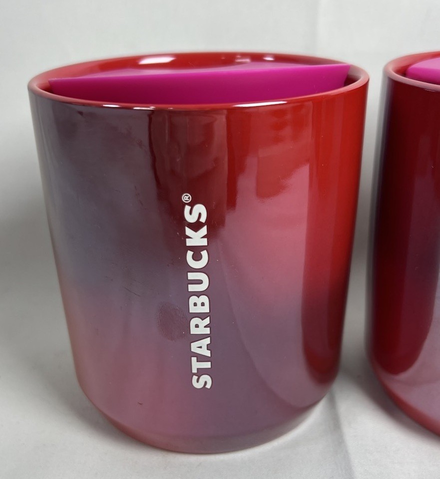 Set Of 2 Starbucks Holiday 2021 Red Ombre Ceramic Cup Mug with Pink Lid ...