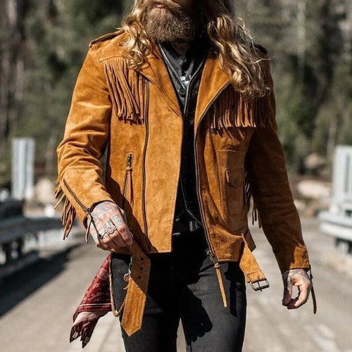 Men Brown Suede Motorcycle Biker Jacket Fringe Soft Suede Cowboy Style ...