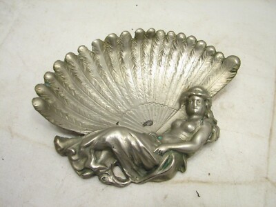 Ornate Cast Brass Ashtray Lady w/Feather Fan Greecian Greek Art nouveau ...