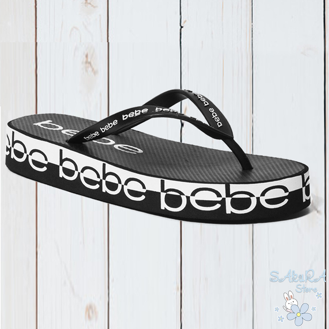 NWT BEBE AUTHENTIC PEGGY WOMEN'S BLACK FLIP FLOPS SLIPPERS PLATFORM ...