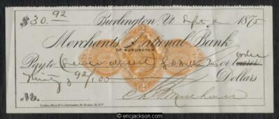 BANK CHECK RN-D1 Burlington, Vermont. Merchants National Bank of ...