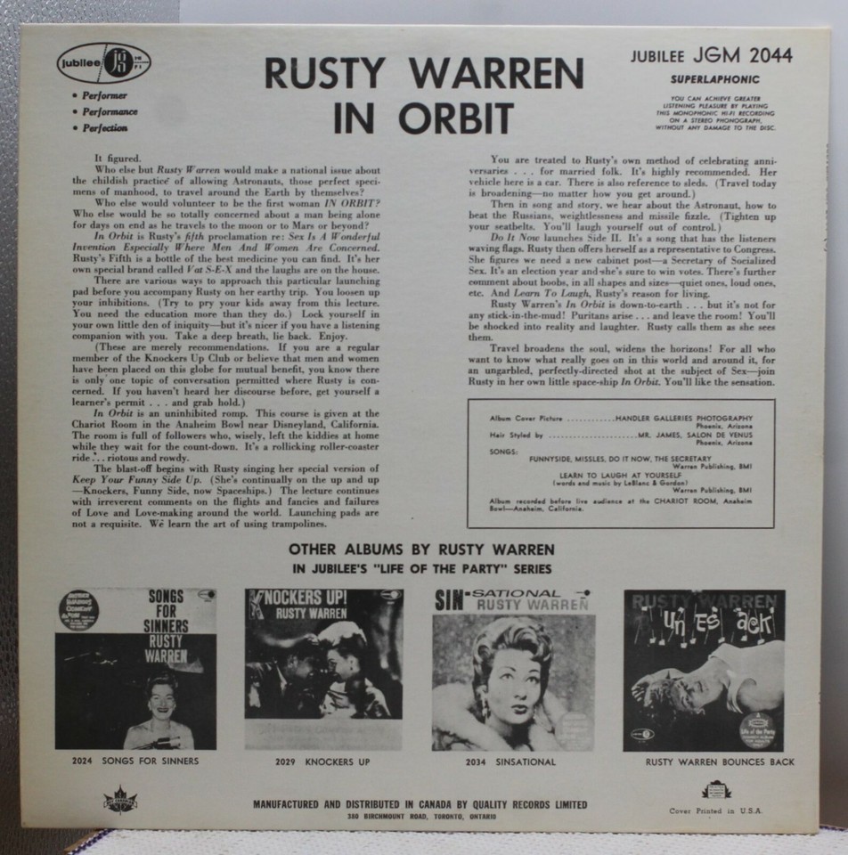Rusty Warren - In Orbit - Jubilee Records 1962 | eBay