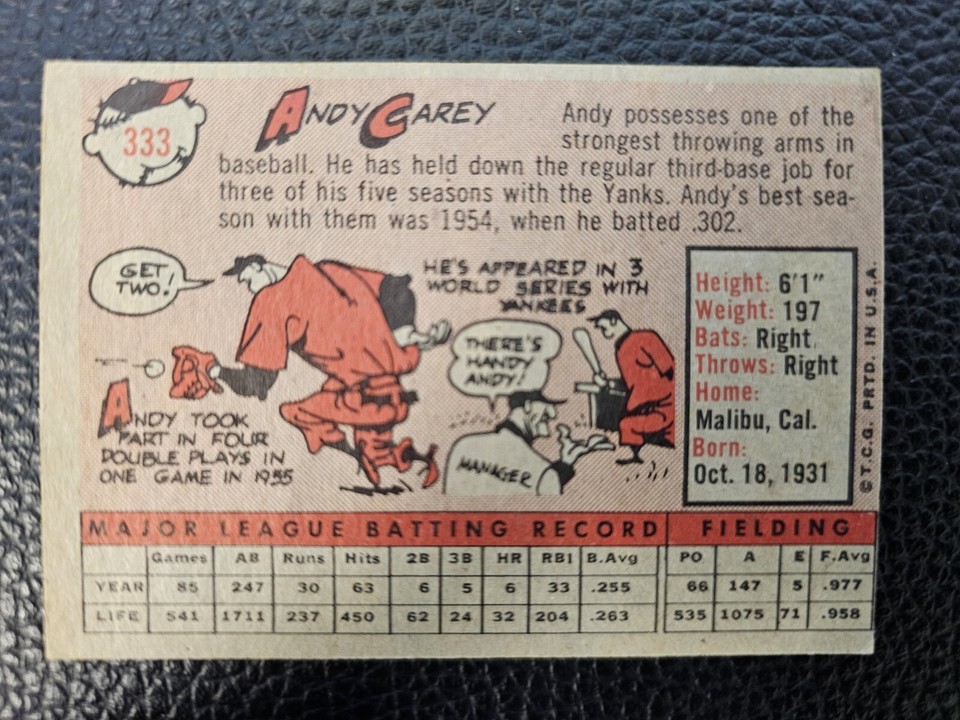 1958 Topps - #333 Andy Carey New York Yankees Baseball Card VG+ | eBay