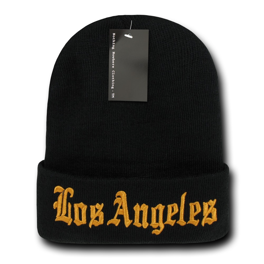 Black & Gold Los Angeles LA Embroidery 12" Long Cuffed Vintage Beanie ...