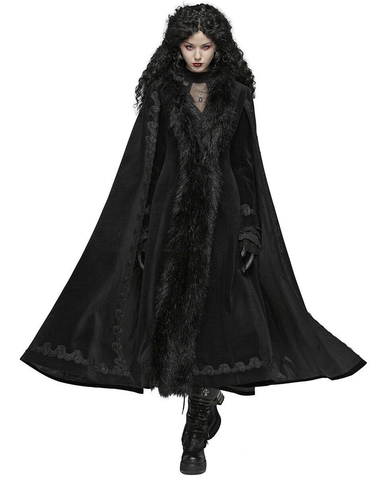 Punk Rave Womens Long Gothic Coat Jacket Cloak Black Faux Fur Victorian ...