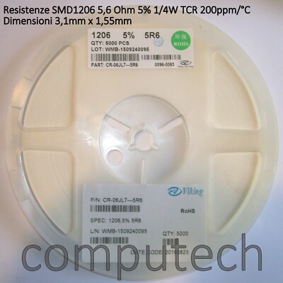 50 pezzi 5,6 Ohm 1/4W 5% Resistenze SMD 1206 SMD Code 5R6 5,6Ohm 1/4W ...