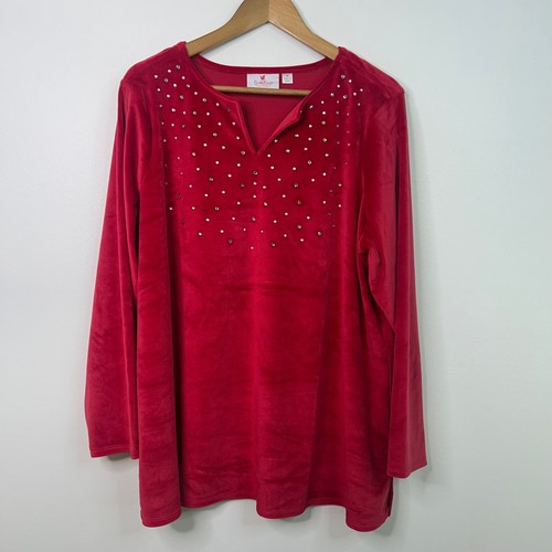 Quacker Factory 1X Red Rhinestone Velvet Top Long Sleeve Holiday Glam ...