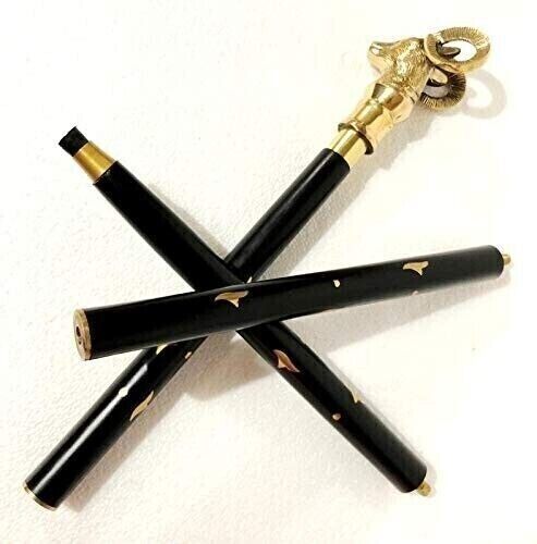 Vintage Brass Victorian Mountain Goat Head Handle Wooden Walking Stick ...