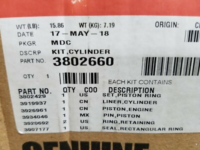 Genuine Cummins 3802660 Cylinder Liner Kit New inc. 3802429 3919937 ...
