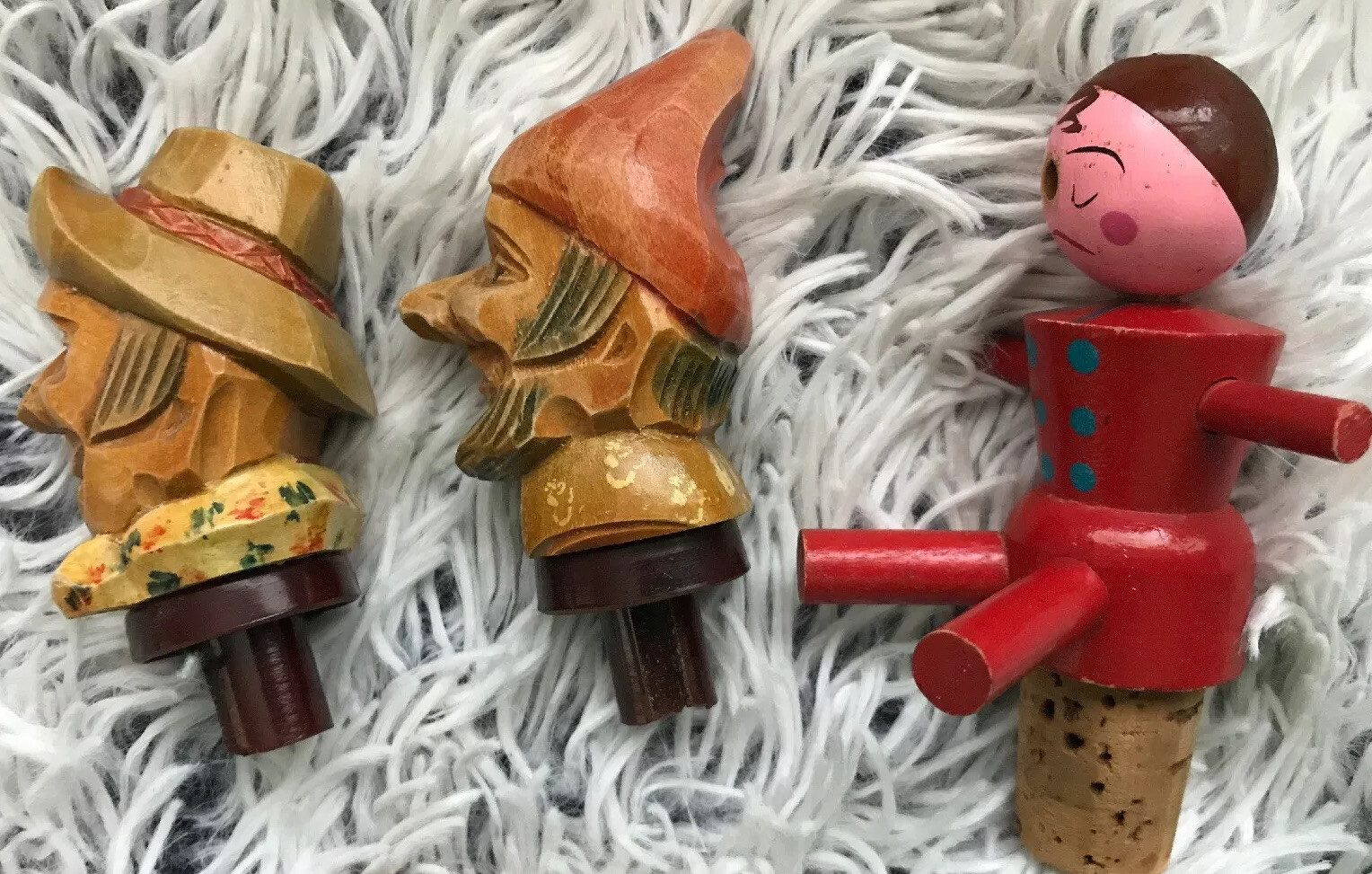 Vintage German Hand Carved Wooden Men Bottle Pour Stop Corks Set of 3 w ...